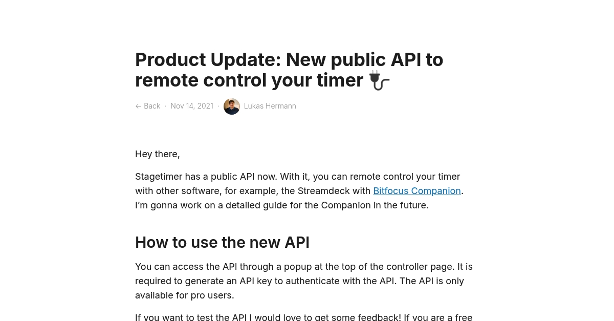 Product Update: New public API to remote control your timer 🔌