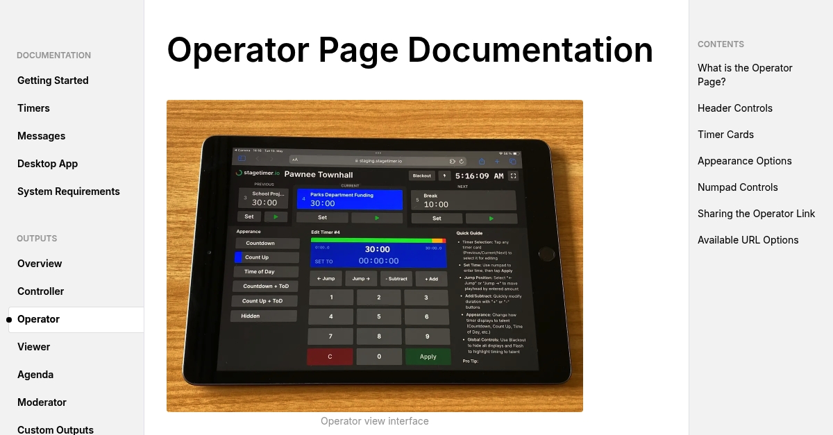 Operator Page Documentation | stagetimer.io